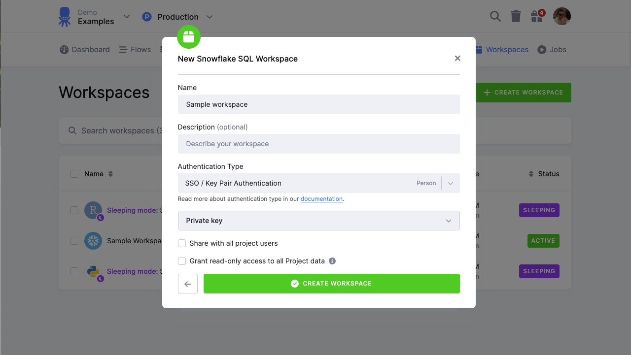 Introducing new Snowflake SQL workspaces supporting Key Pair authentication